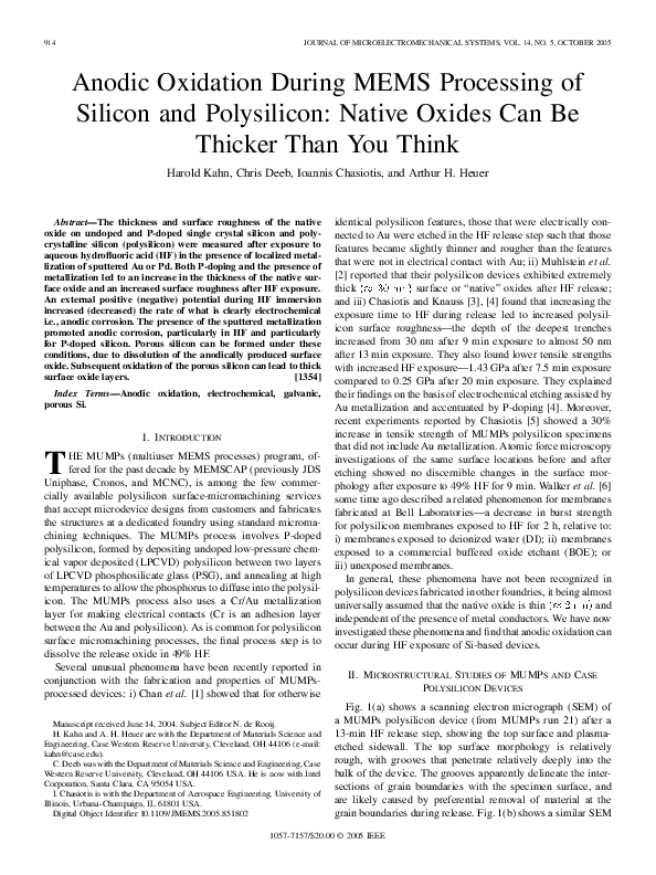 (PDF) Anodic oxidation during MEMS processing of silicon and ...