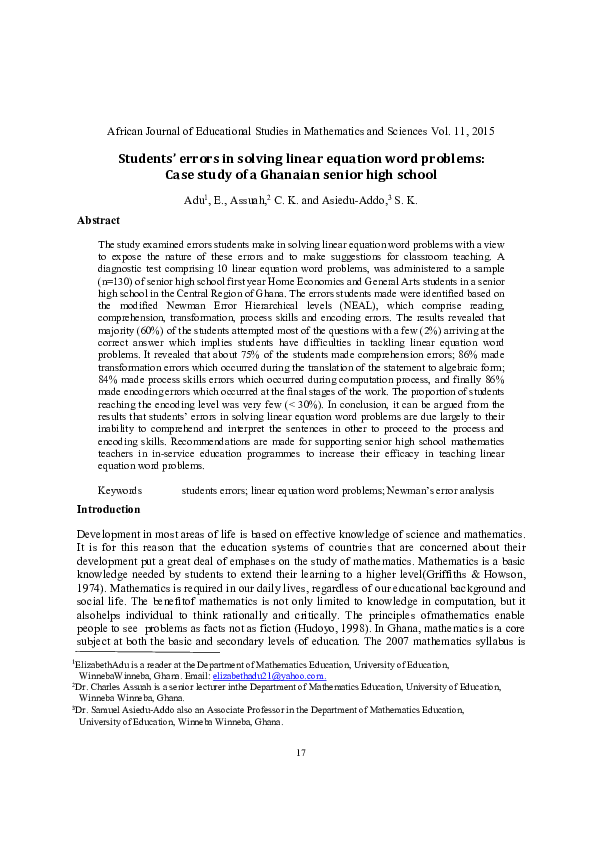 (PDF) Students’ errors in solving linear equation word problems: Case ...