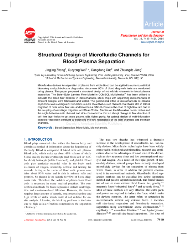 (PDF) Structural Design of Microfluidic Channels for Blood Plasma ...