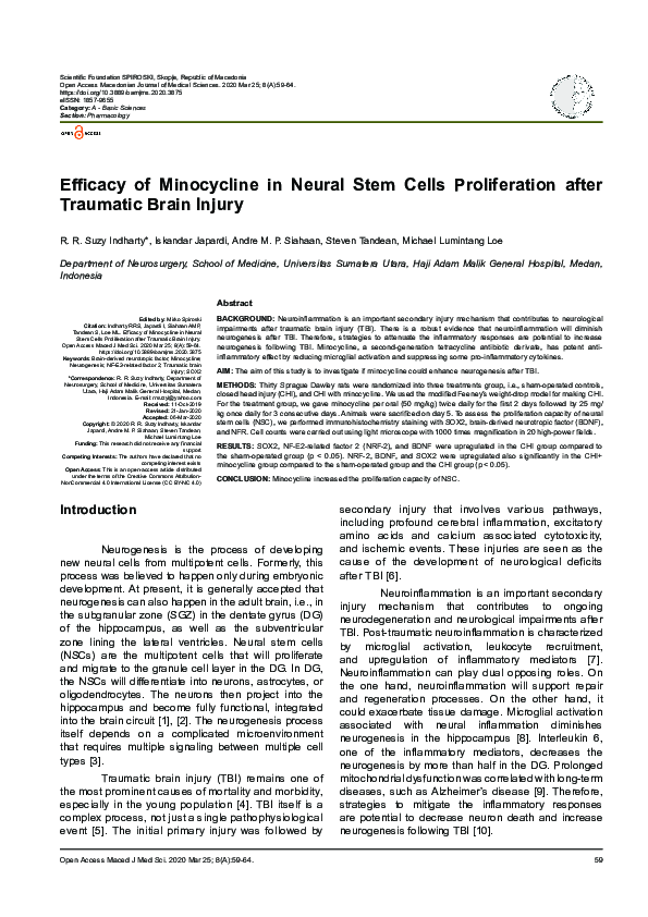 (PDF) Efficacy of Minocycline in Neural Stem Cells Proliferation after Traumatic Brain Injury