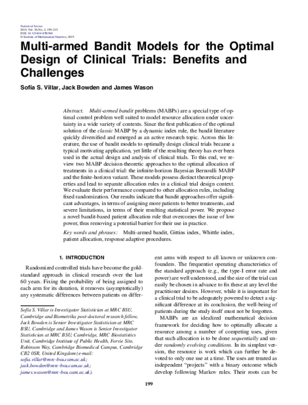 (PDF) Multi-armed Bandit Models for the Optimal Design of Clinical Trials: Benefits and Challenges