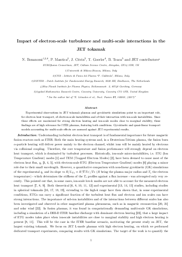 (PDF) Impact of electron-scale turbulence and multi-scale interactions in the JET tokamak