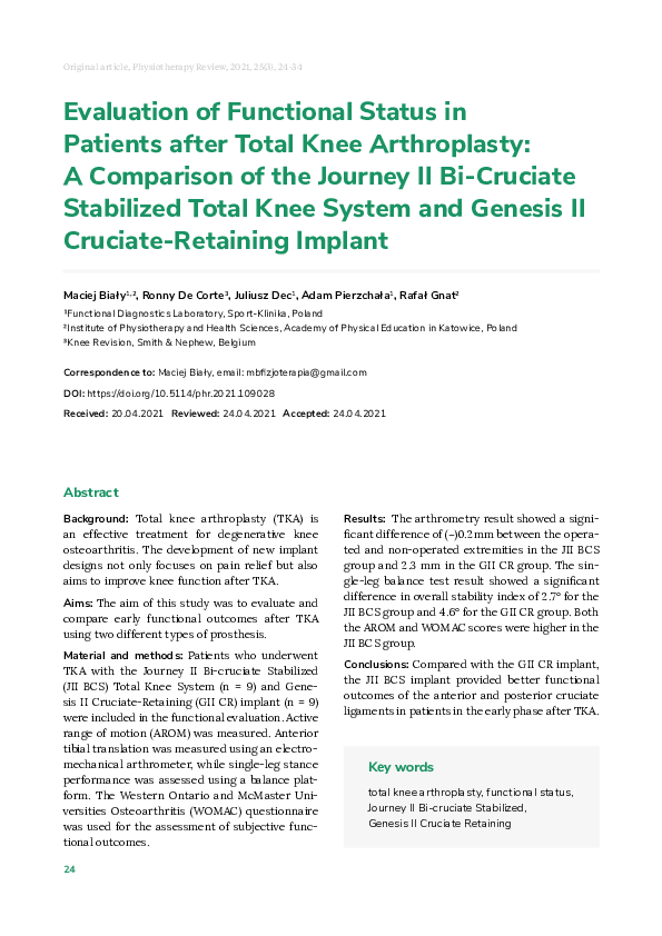 (PDF) Evaluation of Functional Status in Patients after Total Knee Arthroplasty: A Comparison of ...