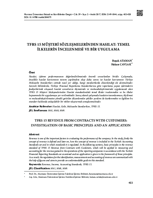 (PDF) TFRS 15 Müşteri̇ Sözleşmeleri̇nden Hasilat: Temel İlkeleri̇n İncelenmesi̇ Ve Bi̇r Uygulama