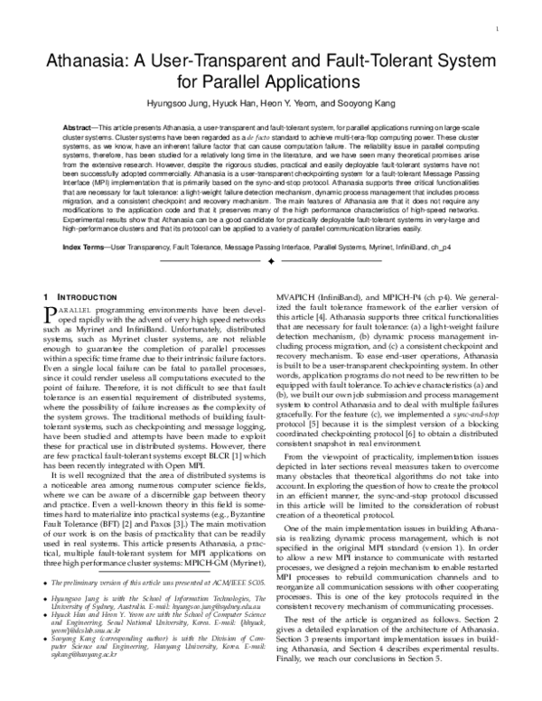 (PDF) Athanasia: A User-Transparent and Fault-Tolerant System for Parallel Applications