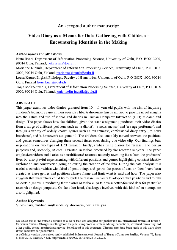 (PDF) Video diary as a means for data gathering with children ...