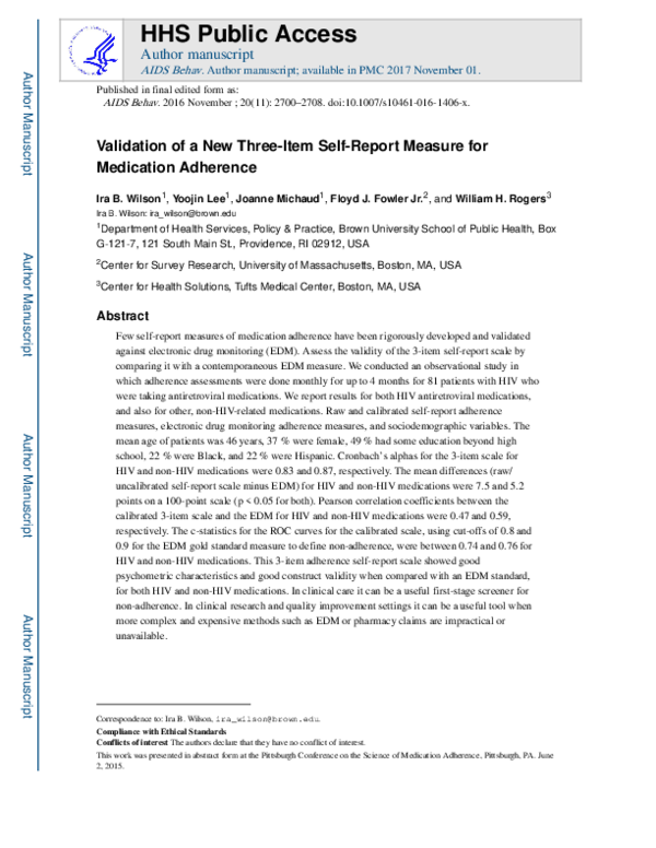 (PDF) Validation of a New Three-Item Self-Report Measure for Medication Adherence