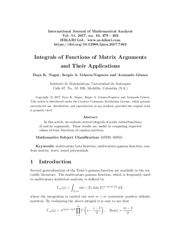 (PDF) Integrals of functions of matrix arguments and their applications
