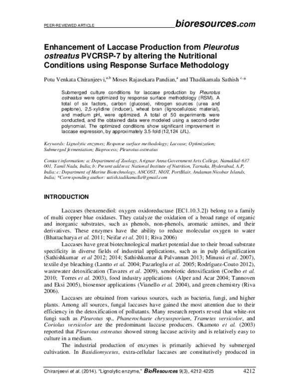 (PDF) Enhancement of Laccase Production from Pleurotus ostreatus PVCRSP-7 by altering the ...