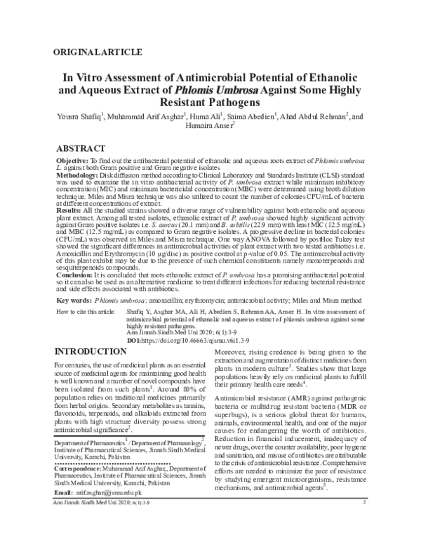 (PDF) In Vitro Assessment of Antimicrobial Potential of Ethanolic and Aqueous Extract of Against ...