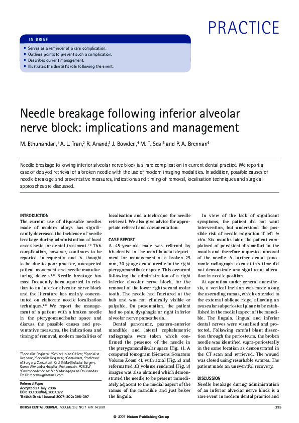 (PDF) Needle breakage following inferior alveolar nerve block ...
