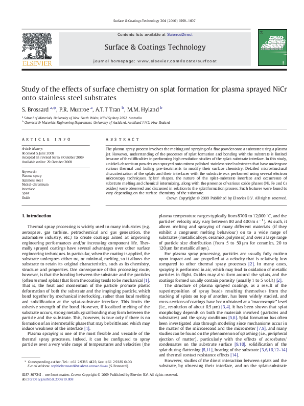(PDF) Study of the effects of surface chemistry on splat formation for ...