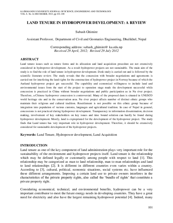 (PDF) Land tenure in hydropower development: A review