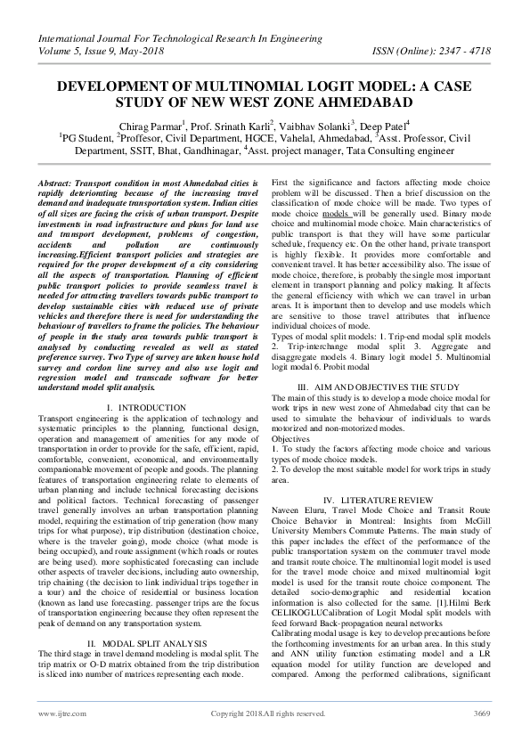 (PDF) Development of Multinomial Logit Model: A Case Study of New West Zone Ahmedabad | VAIBHAV ...