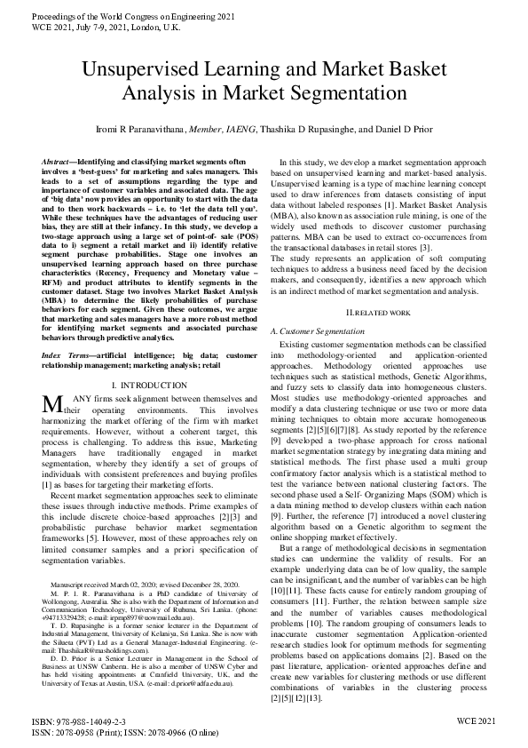 (PDF) Unsupervised Learning and Market Basket Analysis in Market Segmentation