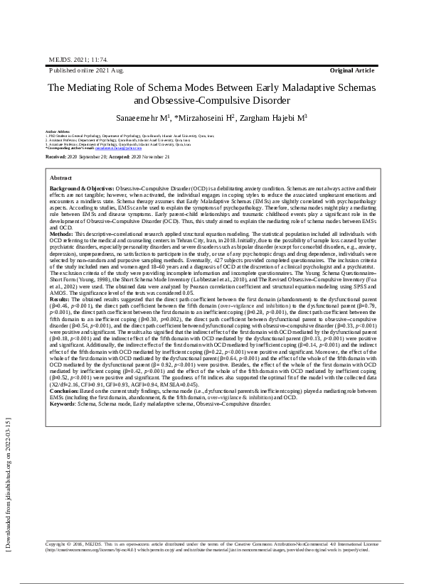 (PDF) The Mediating Role of Schema Modes Between Early Maladaptive Schemas and Obsessive ...