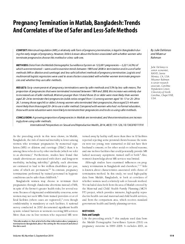 (PDF) Pregnancy termination in Matlab, Bangladesh: trends and ...