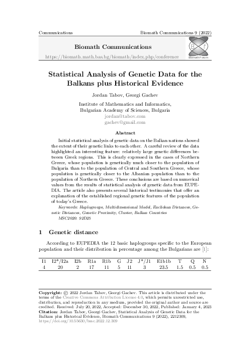 Pdf Statistical Analysis Of Genetic Data For The Balkans Plus Historical Evidence