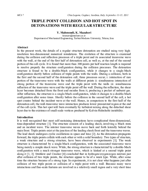 (PDF) Triple Point Collision and Hot Spots in Detonations with Regular ...