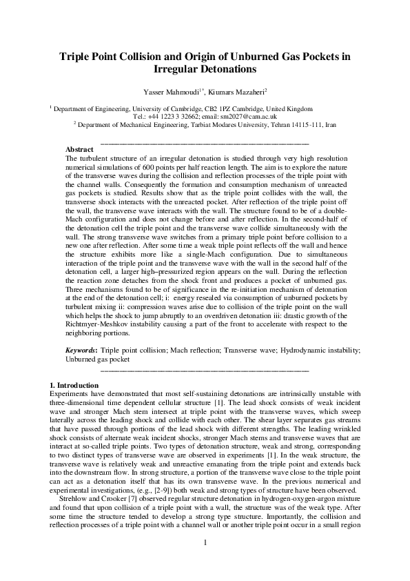 (PDF) Triple Point Collision and Origin of Unburned Gas Pockets in ...