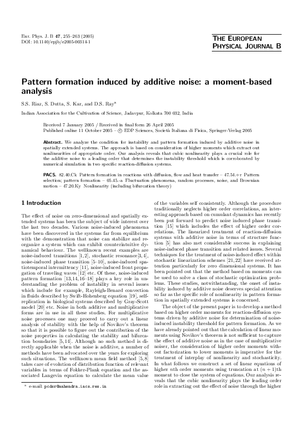 (PDF) Pattern formation induced by additive noise: a moment-based analysis