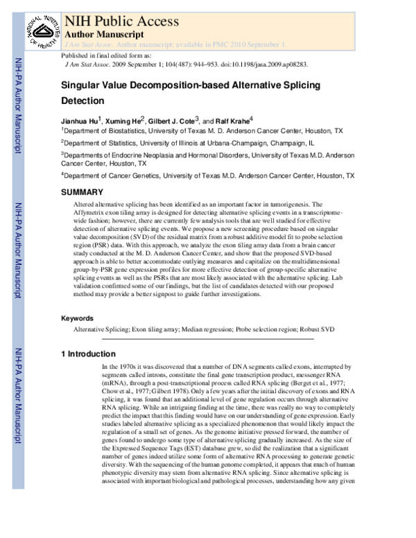 Pdf Singular Value Decomposition Based Alternative Splicing Detection Xuming He