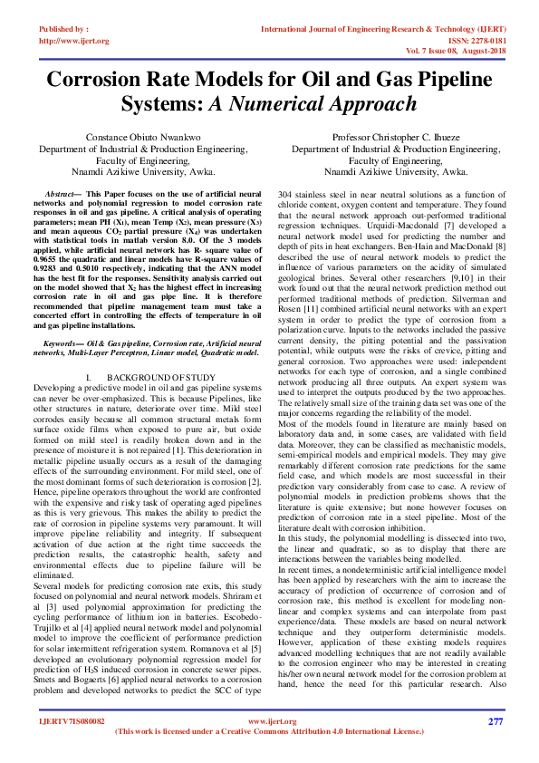 (PDF) Corrosion Rate Models for Oil and Gas Pipeline Systems: A Numerical Approach