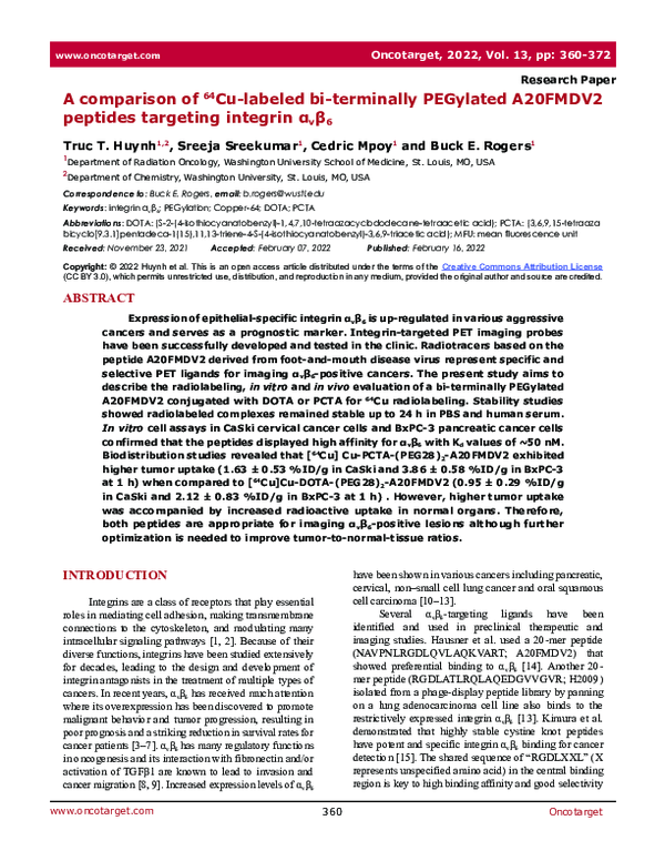 (PDF) A comparison of 64Cu-labeled bi-terminally PEGylated A20FMDV2 ...
