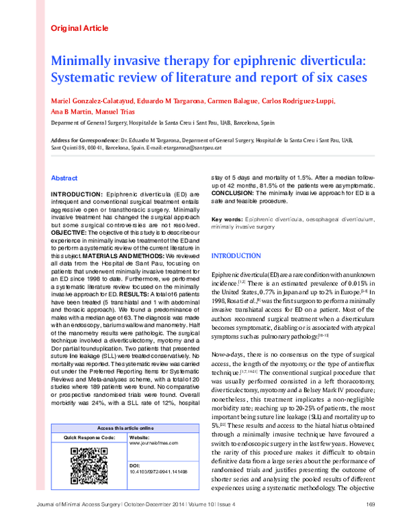 (PDF) Minimally invasive therapy for epiphrenic diverticula: Systematic review of literature and ...