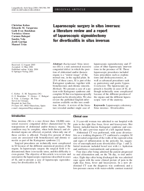 Pdf Laparoscopic Surgery In Situs Inversus A Literature Review And A Report Of Laparoscopic