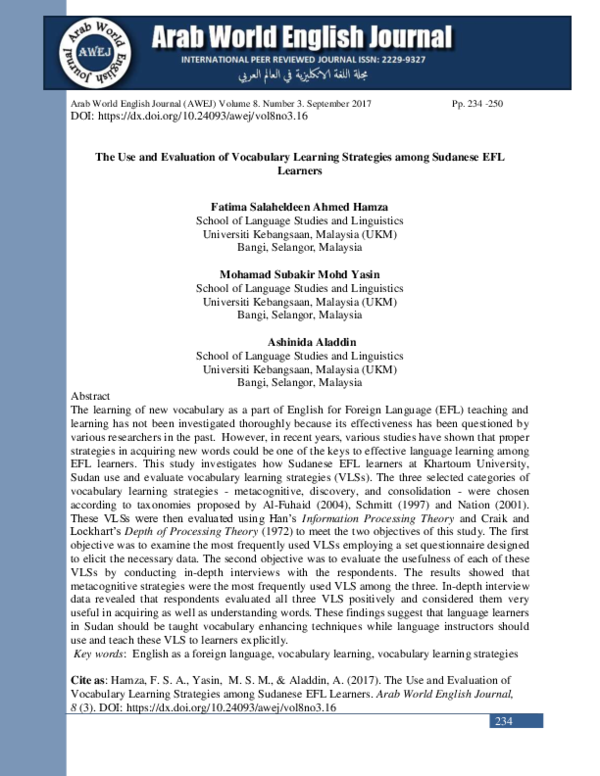 (PDF) The Use and Evaluation of Vocabulary Learning Strategies among Sudanese EFL Learners