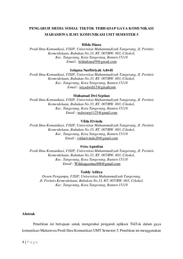 (PDF) PENGARUH MEDIA SOSIAL TIKTOK TERHADAP GAYA KOMUNIKASI MAHASISWA ILMU KOMUNIKASI UMT SEMESTER 5