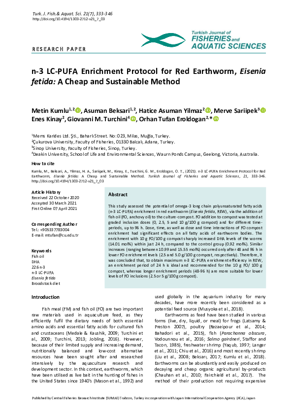 (PDF) n-3 LC-PUFA Enrichment Protocol for Red Earthworm, Eisenia fetida: A Cheap and Sustainable ...