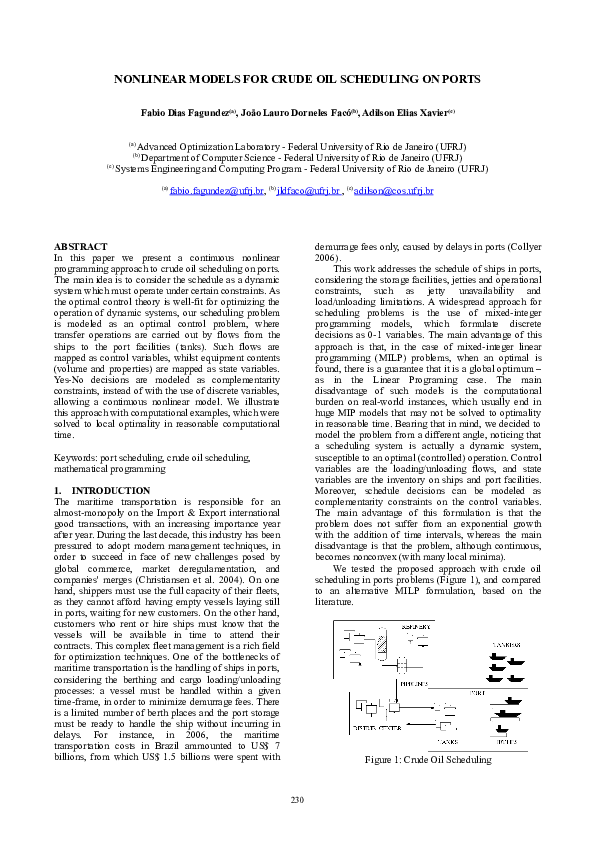 (PDF) Nonlinear models for crude oil scheduling on ports | Adilson ...