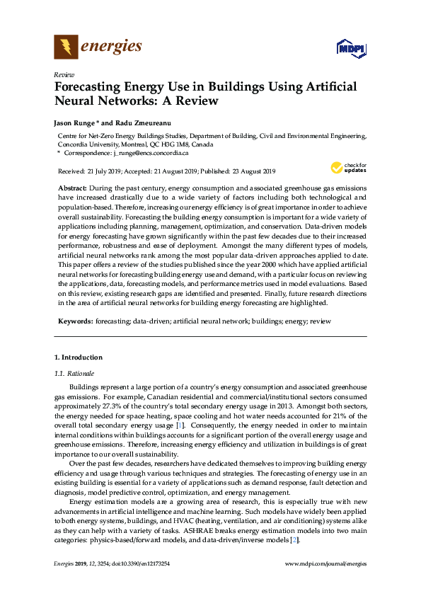 Pdf Forecasting Energy Use In Buildings Using Artificial Neural