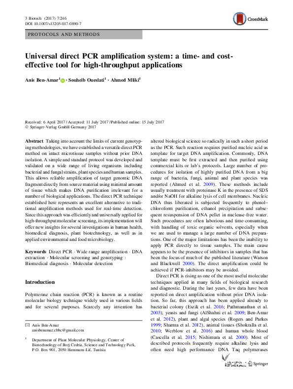 Pdf Universal Direct Pcr Amplification System A Time And Cost