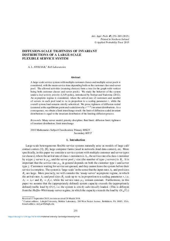 (PDF) Diffusion-Scale Tightness of Invariant Distributions of a Large-Scale Flexible Service System