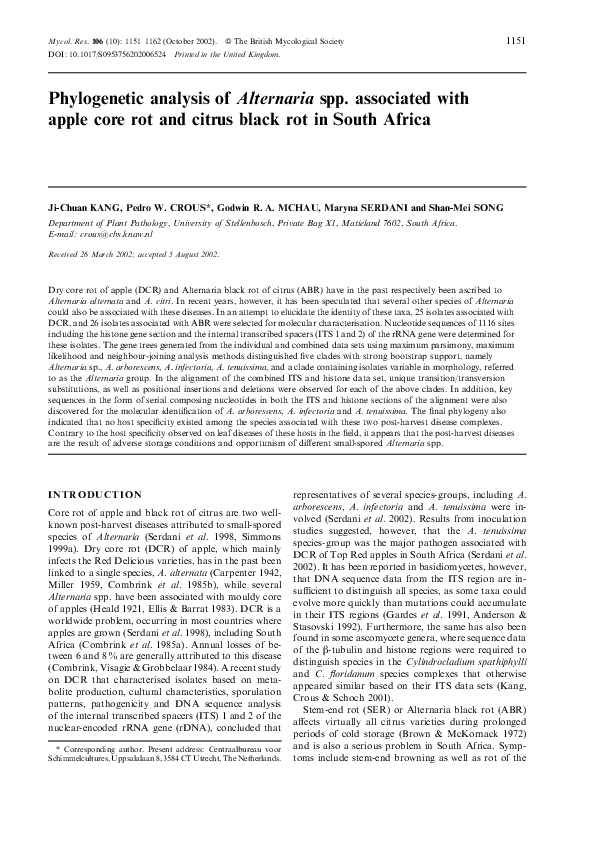 (PDF) Phylogenetic analysis of Alternaria spp. associated with apple ...