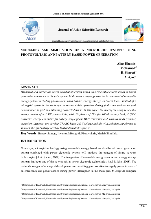 Pdf Modeling And Simulation Of A Microgrid Testbed Using Photovoltaic