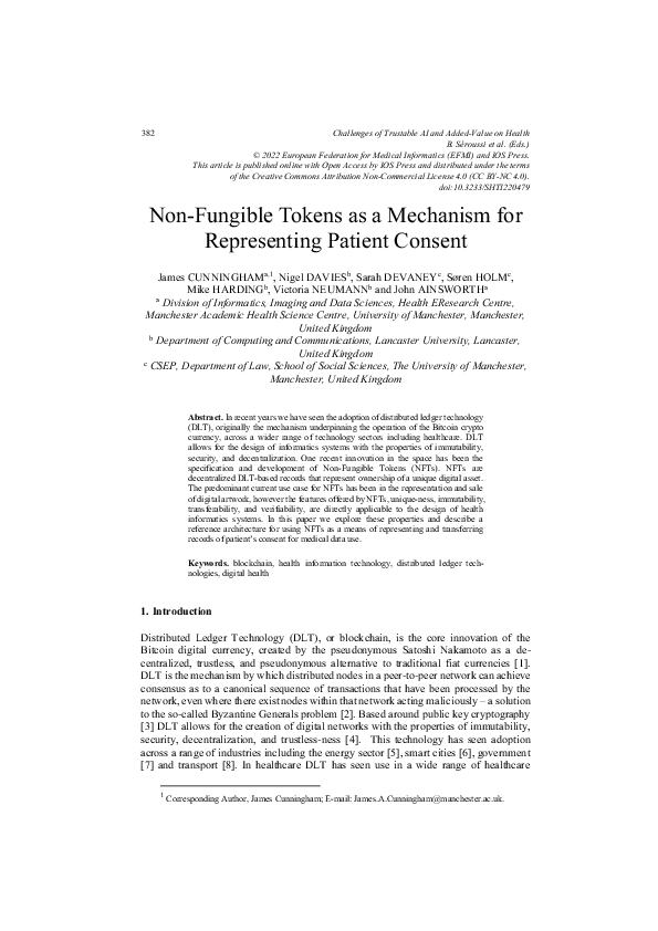 (PDF) Non-Fungible Tokens as a Mechanism for Representing Patient Consent
