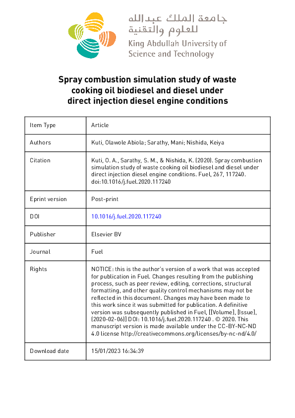 (PDF) Spray combustion simulation study of waste cooking oil biodiesel ...