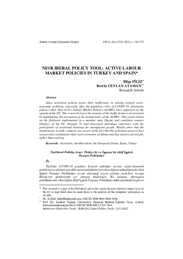 Neoliberal Policy Tool: Active Labour Market Policies in Türkiye and Spain