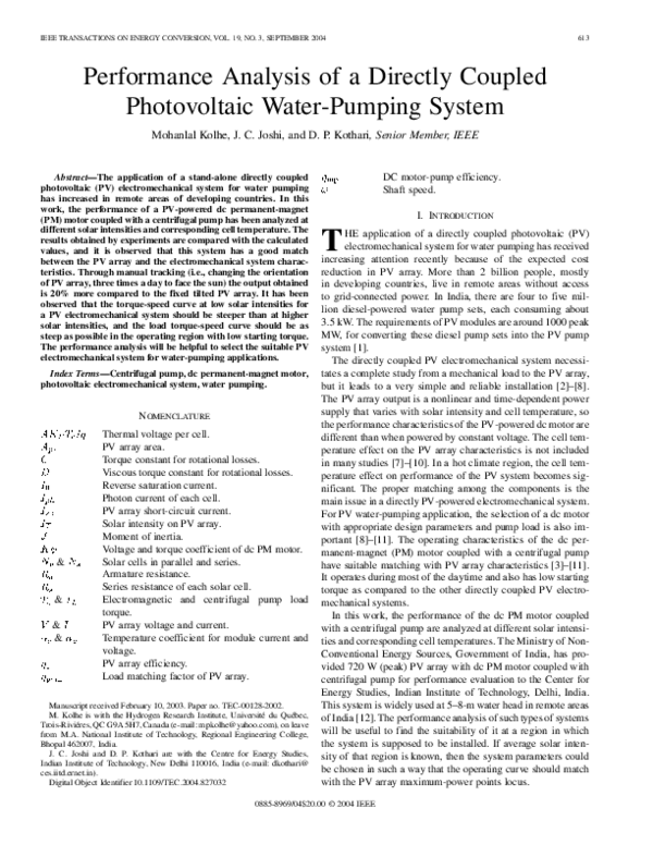 Performance Analysis Of A Directly Coupled Photovoltaic Water Pumping System