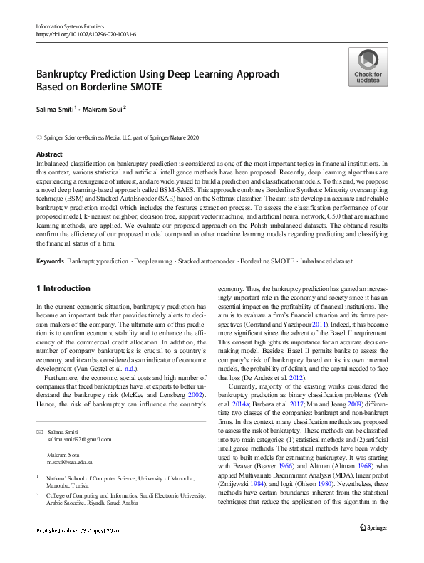 (PDF) Bankruptcy Prediction Using Deep Learning Approach Based on Borderline SMOTE