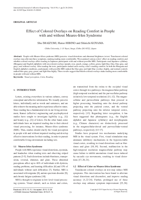 (PDF) Effect of Colored Overlays on Reading Comfort in People with and ...