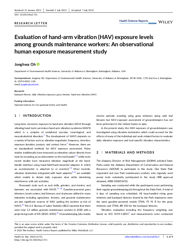 (PDF) Evaluation of hand‐arm vibration (HAV) exposure levels among grounds maintenance workers ...