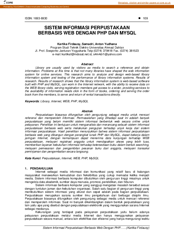 (PDF) Sistem Informasi Perpustakaan Berbasis Web Dengan PHP Dan Mysql
