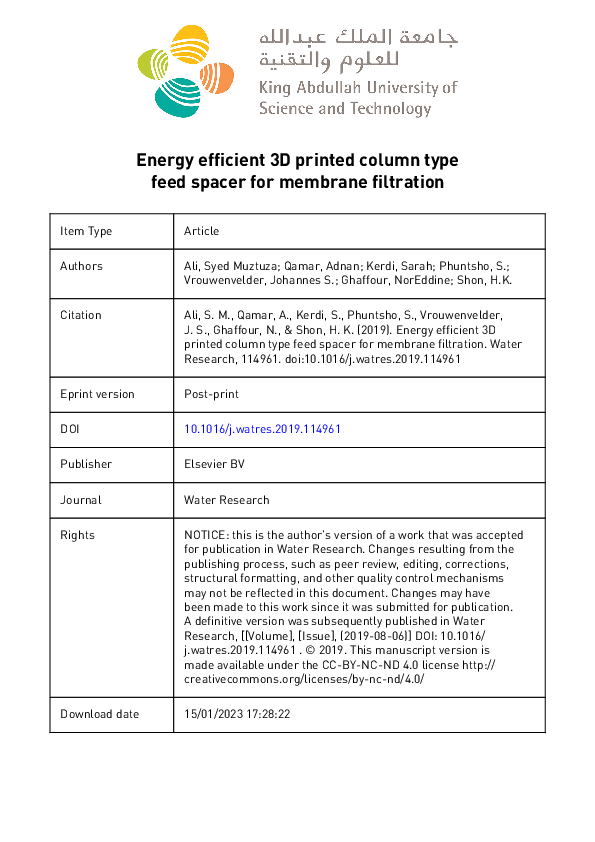 Pdf Energy Efficient 3d Printed Column Type Feed Spacer For Membrane Filtration