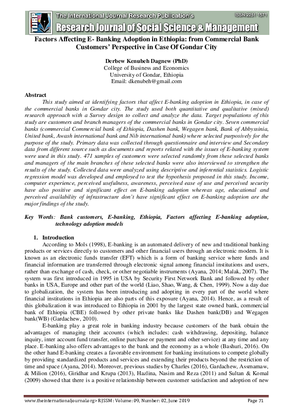 (PDF) Factors Affecting E- Banking Adoption in Ethiopia: from Commercial Bank Customers ...