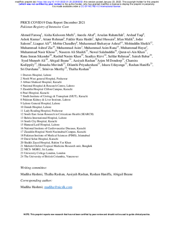 (PDF) PRICE COVID19 Data Report December 2021 Pakistan Registry of ...